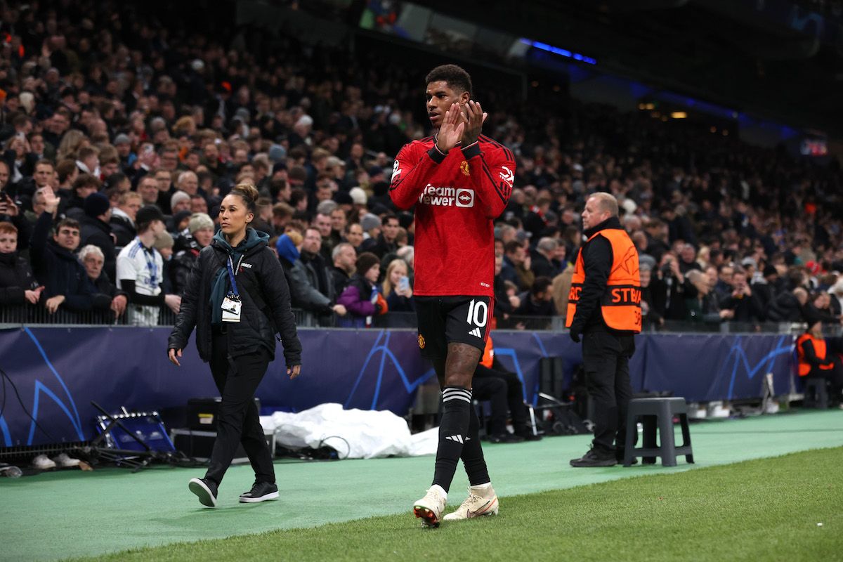 Copenhagen's Elias Jelert agrees with Marcus Rashford red card