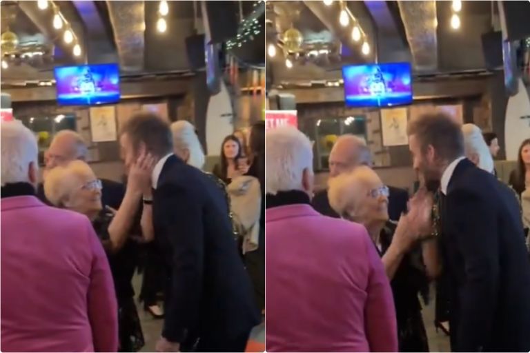 Kath the receptionist shares moment with David Beckham at '99' premiere